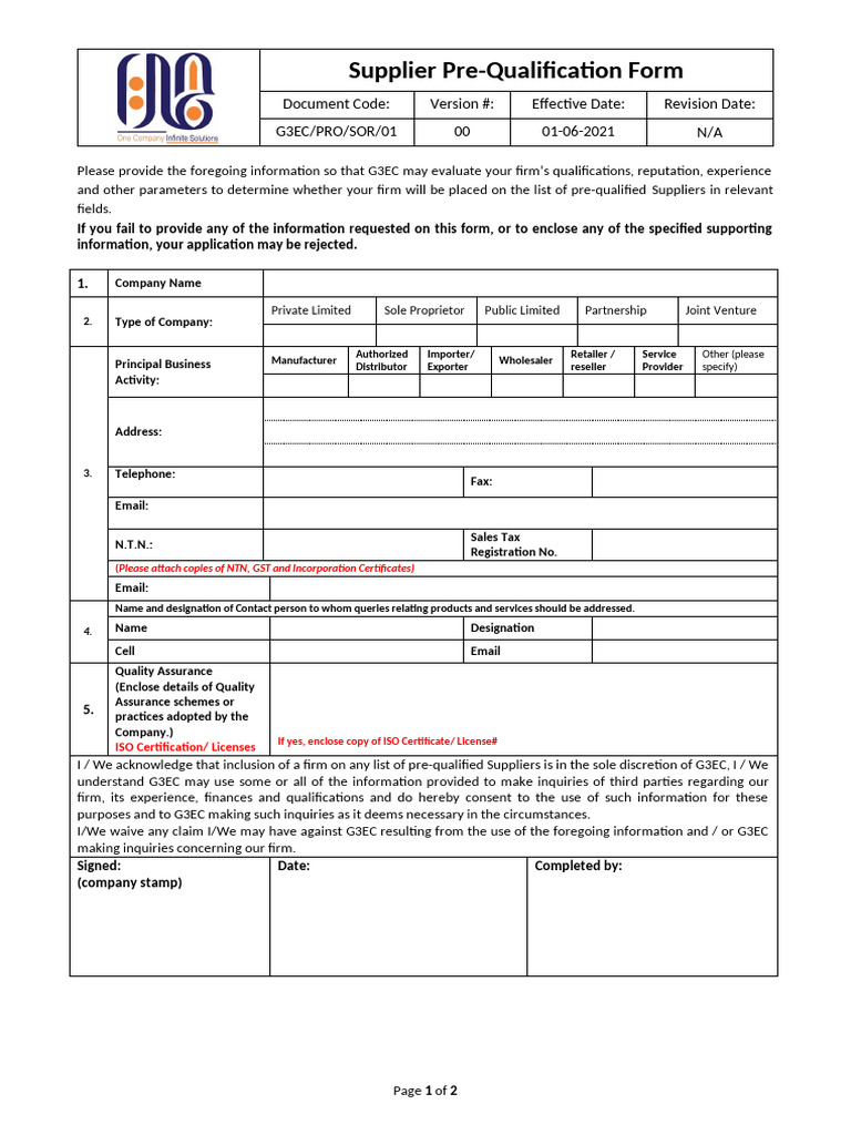 CSRD-PRO-SOR-01 - Supplier Pre-Qualification Form | PDF | Business