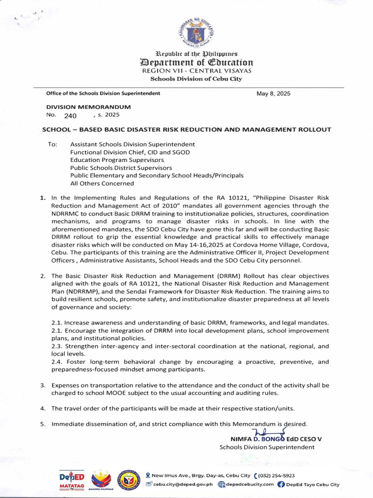 DM 2025 240 School Based Basic Disaster Risk Reduction and Management Rollout | PDF | Disaster ...