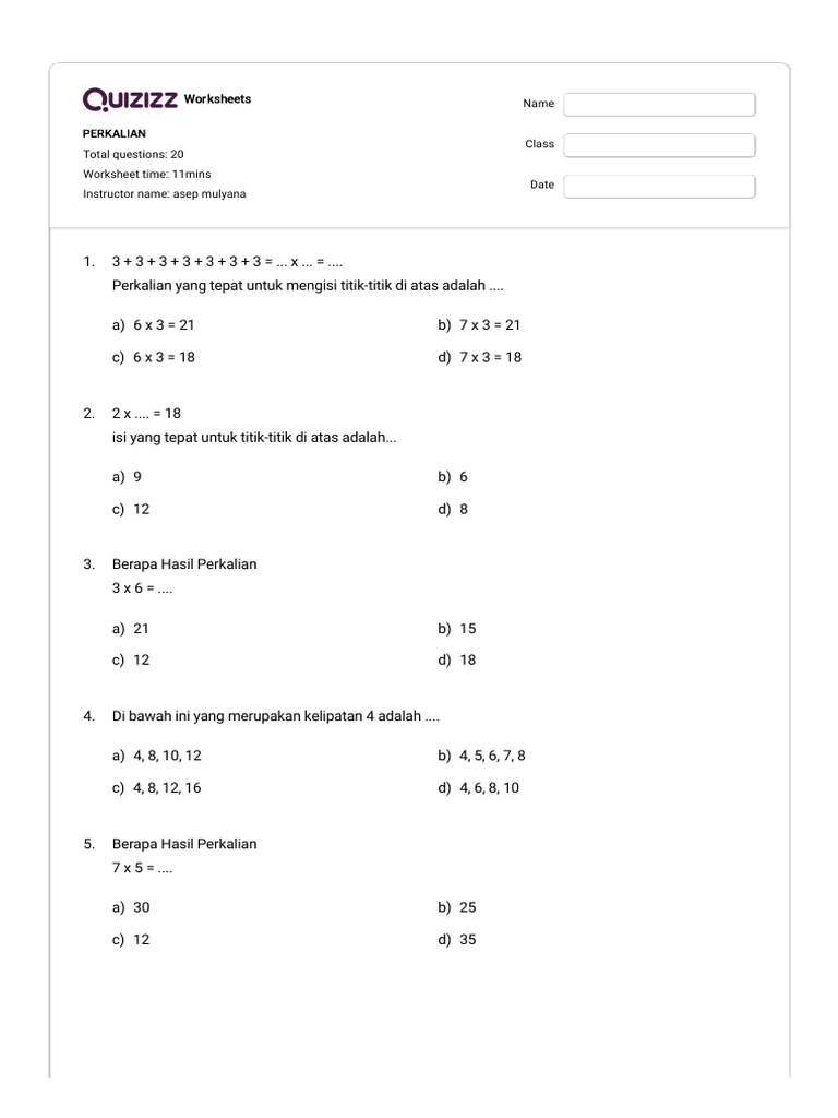 Soal Perkalian Kelas 2-5 | PDF