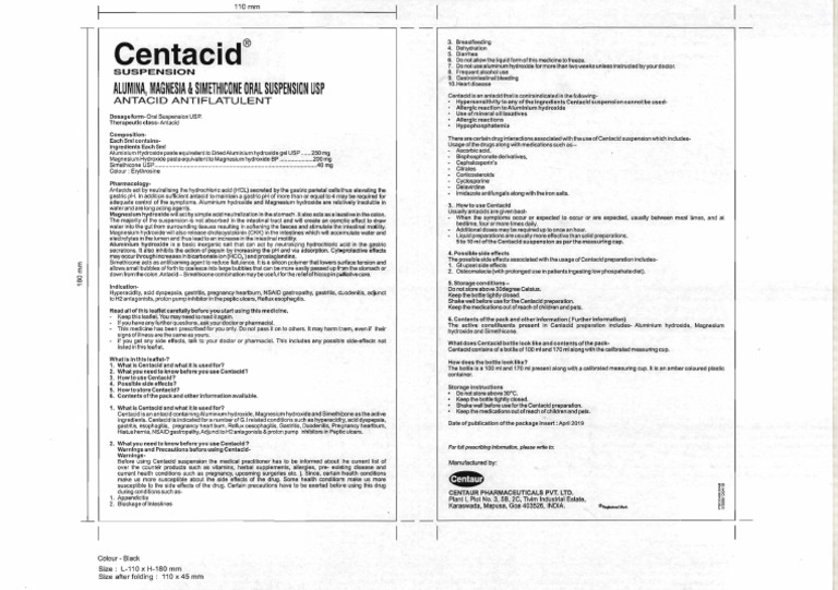 Centacid Suspension - Aliminium Hydroxide Gel - 250mg - Magnesium ...