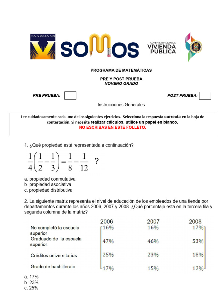 MATE Pre Post 9no | PDF | Triángulo | Matriz (Matemáticas)