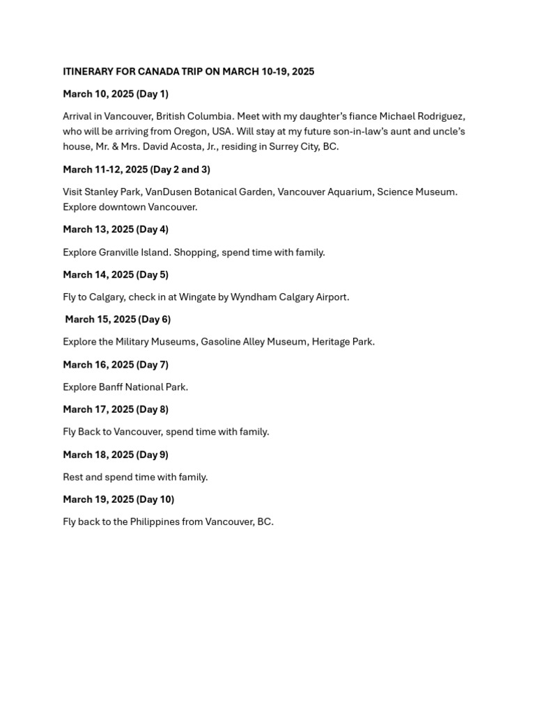 Family Holiday Itinerary for Canada 2025 | PDF