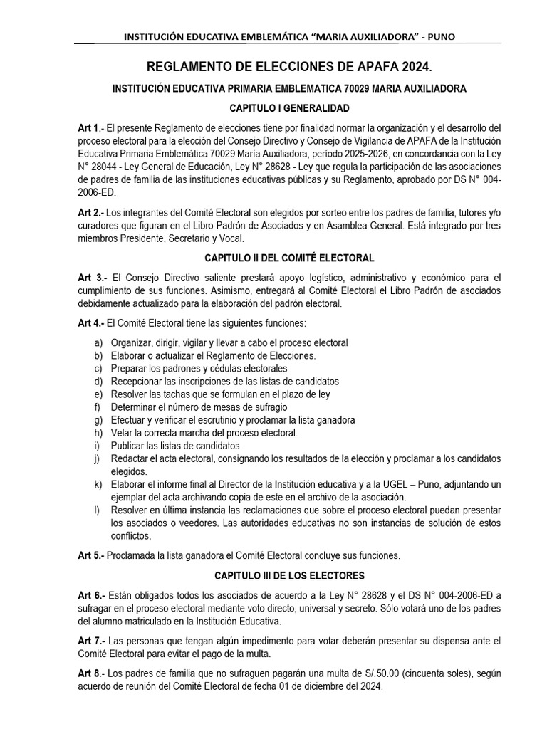 Reglamento de Elecciones de Apafa 2024 | PDF | Votación | Elecciones