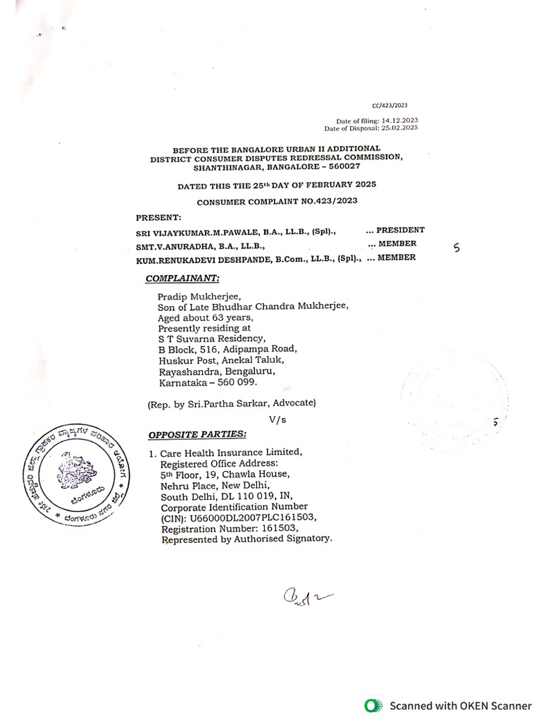 Final Order and Judgement Regarding Denial of Mediclaim | PDF