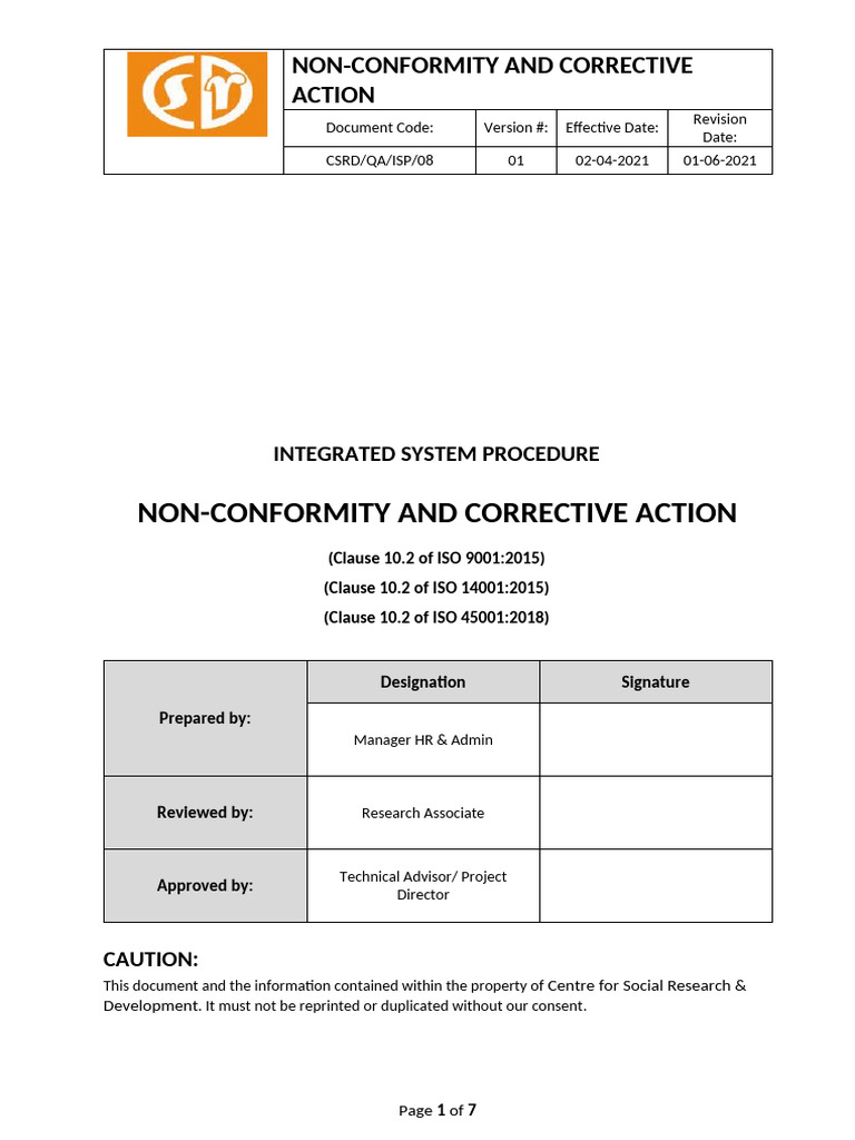 Non-Conformity and Corrective Action Guide | PDF | International Organization For Standardization