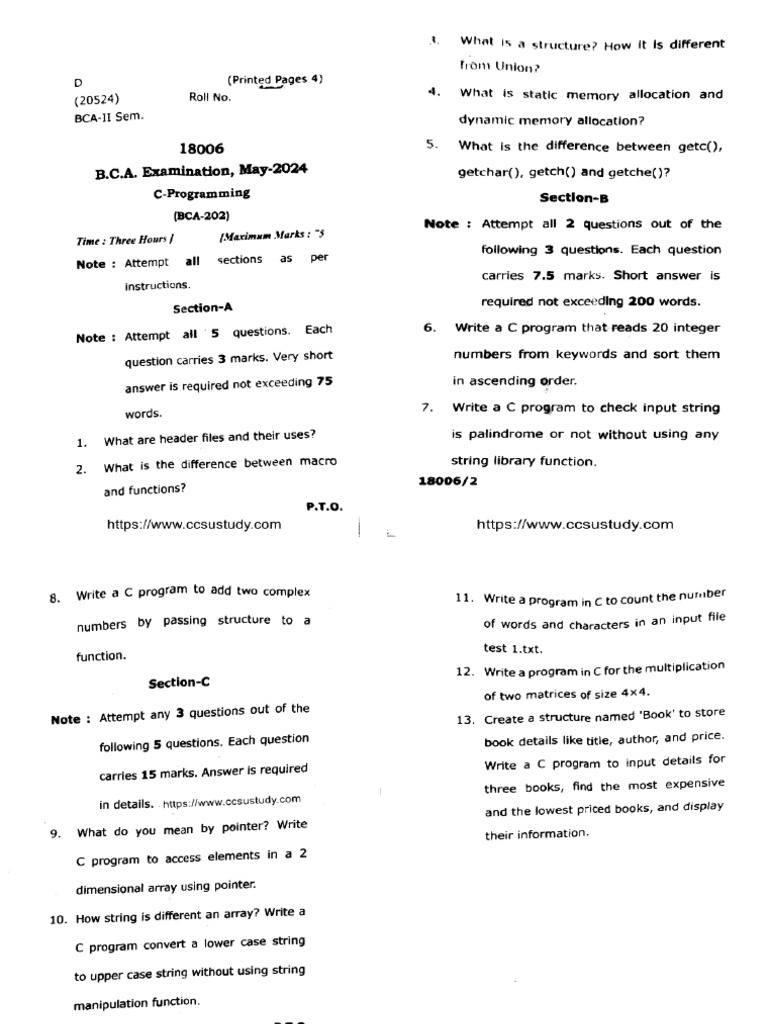 Bca 2 Sem C Programming 18006 May 2024 | PDF