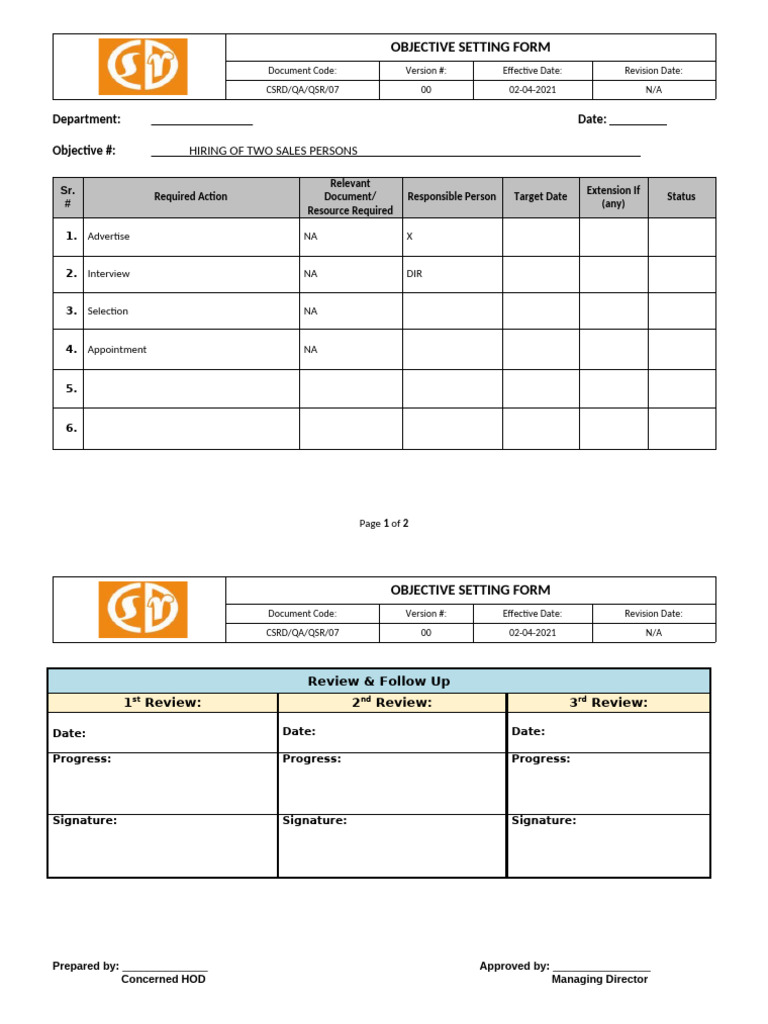 CSRD-QA-QSR-07 - Objective Setting Form | PDF