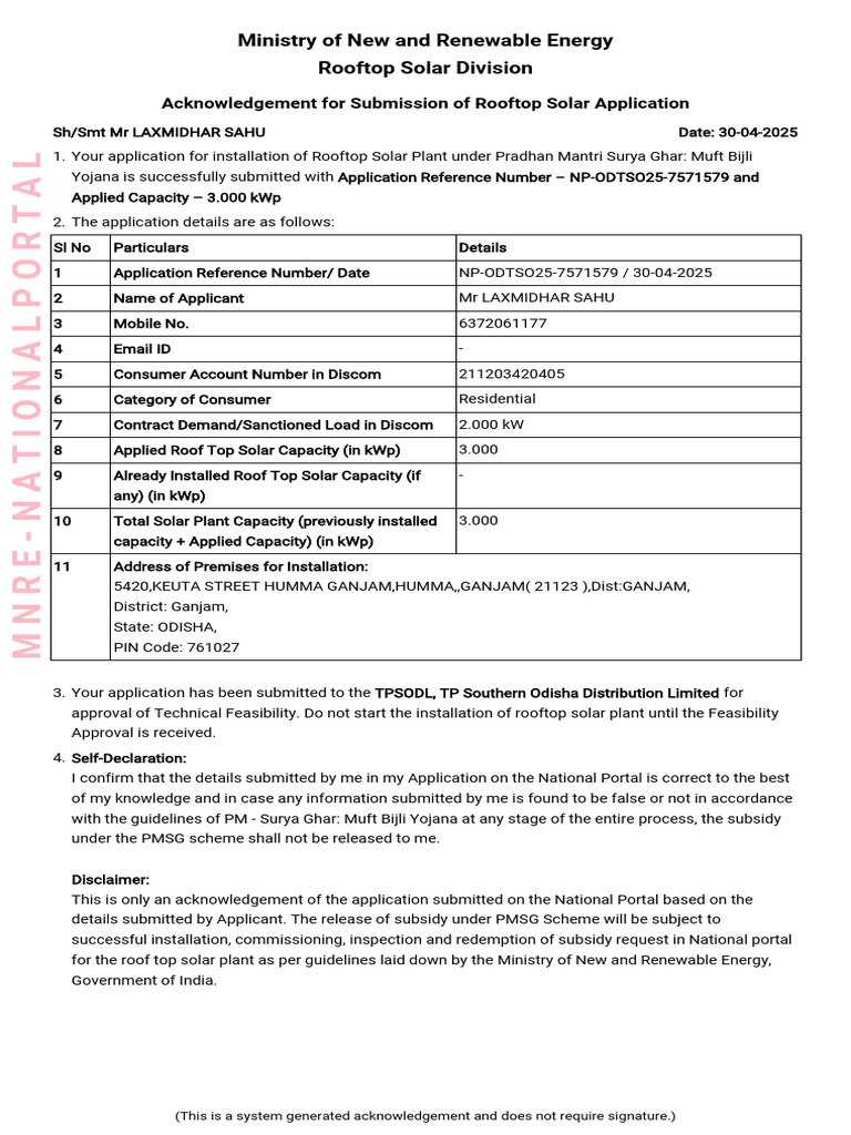 Rooftop Solar Application Acknowledgement | PDF | Electricity | Energy ...