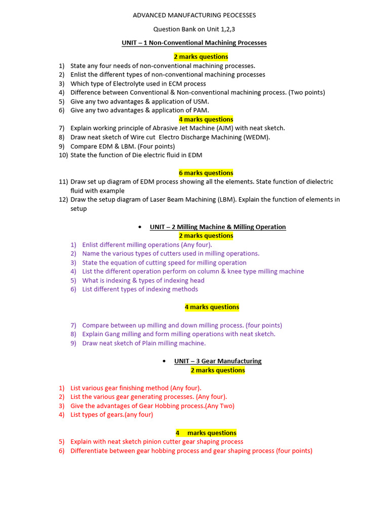 AMP Imp Quetions On Unit 1,2 & 3 | PDF | Machining | Equipment