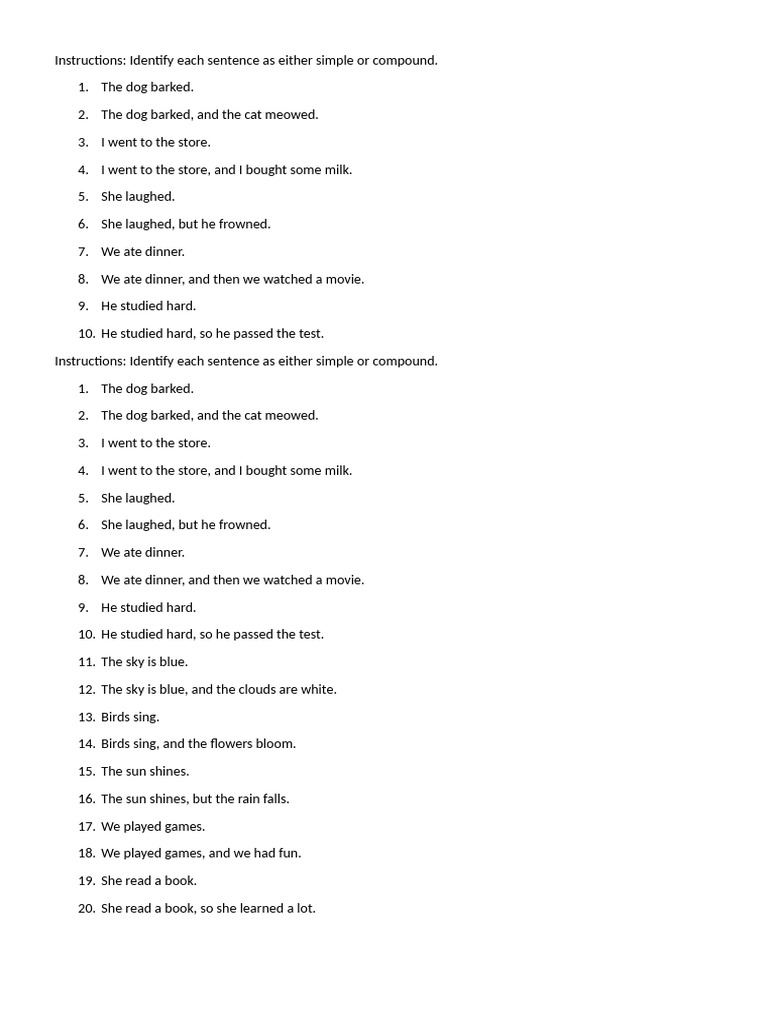 Simple and Compound Sentence Exercise With Key | PDF
