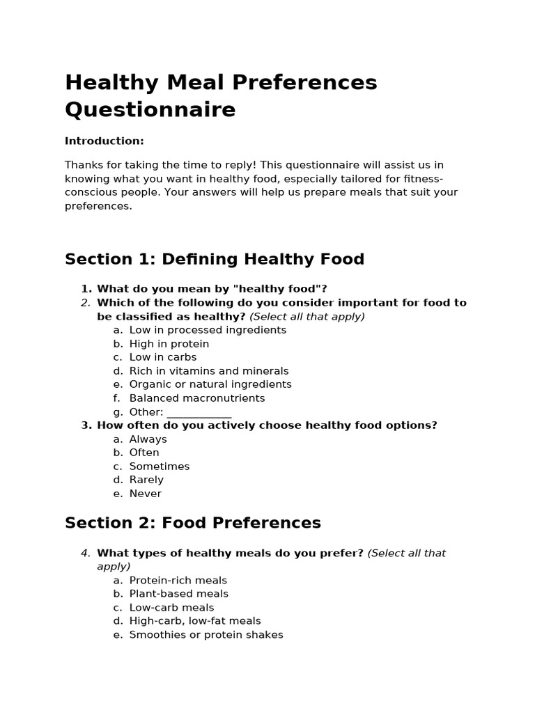 Healthy Meal Preferences Questionnaire 1 | PDF