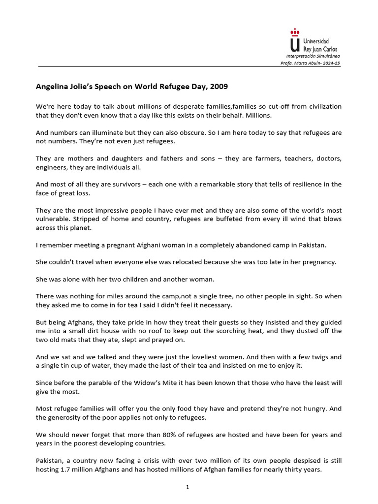 Speech by Angelina Jolie On Refugees | PDF | Refugee