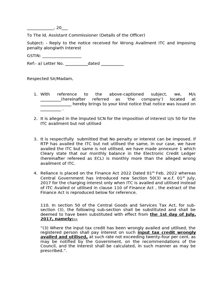 Response to ITC Wrong Availment Notice | PDF | Interest | Taxes