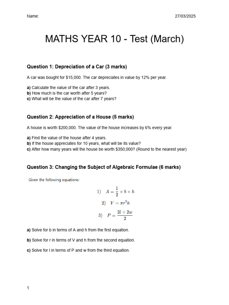 MATHS YEAR 10 - Test March | PDF | Quadratic Equation | Geometric Shapes