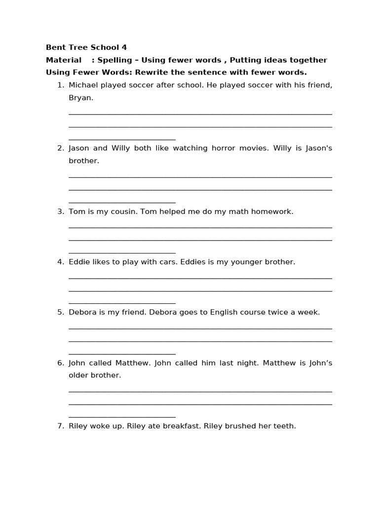 Bent Tree School 4 - Using Fewer Words, Combining Sentences | PDF