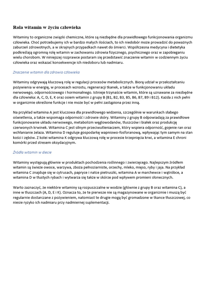 Rola Witamin W Życiu Człowieka | PDF