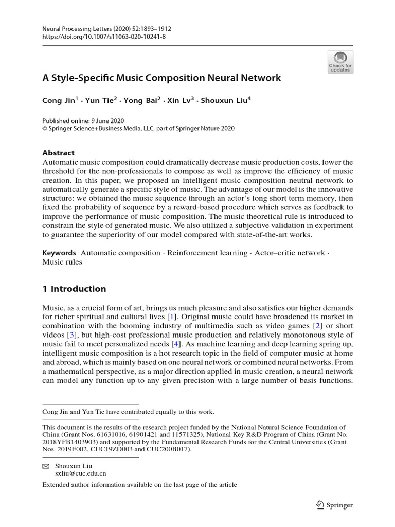 A Style-Specific Music Composition Neural Network | PDF | Computational Neuroscience | Applied ...