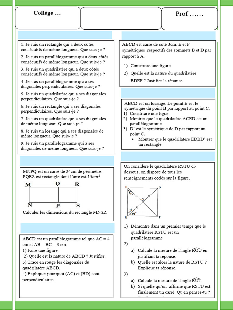 Quadrilateres-particuliers-exercices-Maths-1AC-1 | PDF | Géométrie ...