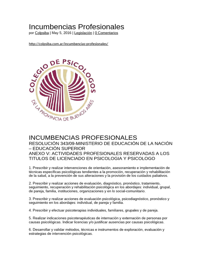 Col Psi Bs As-Incumbencias Profesionales | PDF | Sicología | Ciencias ...