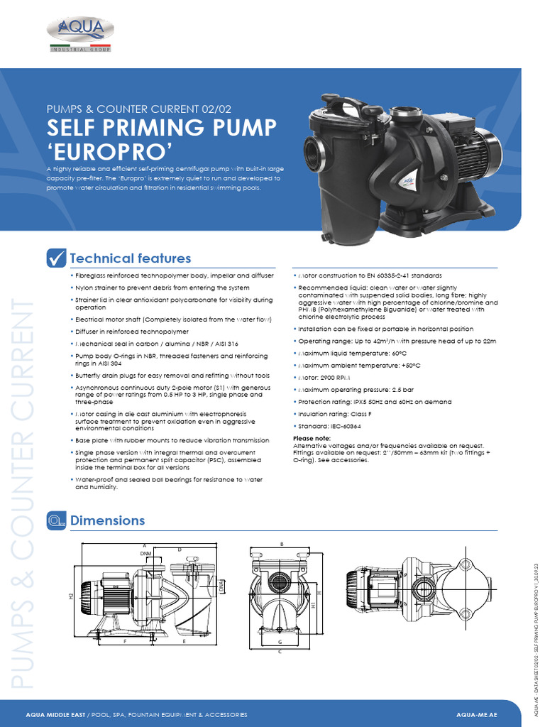 Europro Self-Priming Pump Data Sheet | PDF | Pump | Water