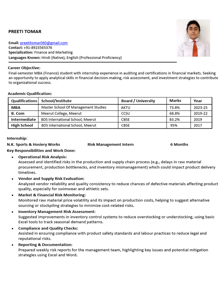 Resume Preeti Tomar | PDF | Risk | Risk Management
