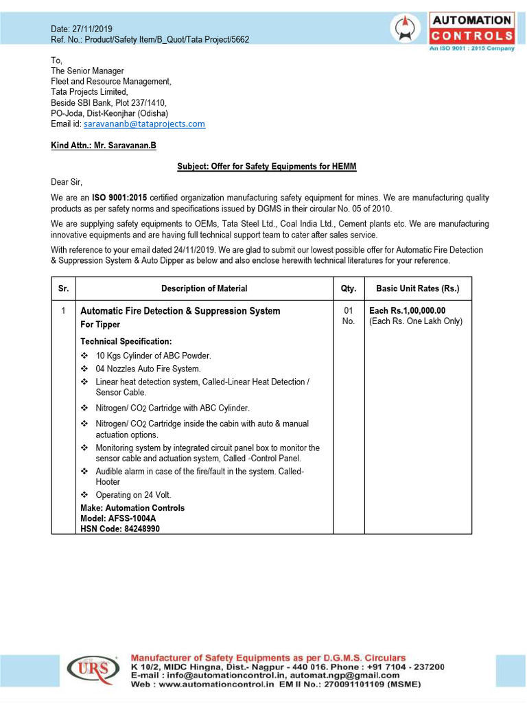AFDSS Offer for Tata Projects | PDF | Mechanical Engineering | Electricity