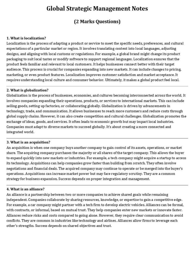Global Strategic Management Notes Long Answers | PDF | Mergers And ...