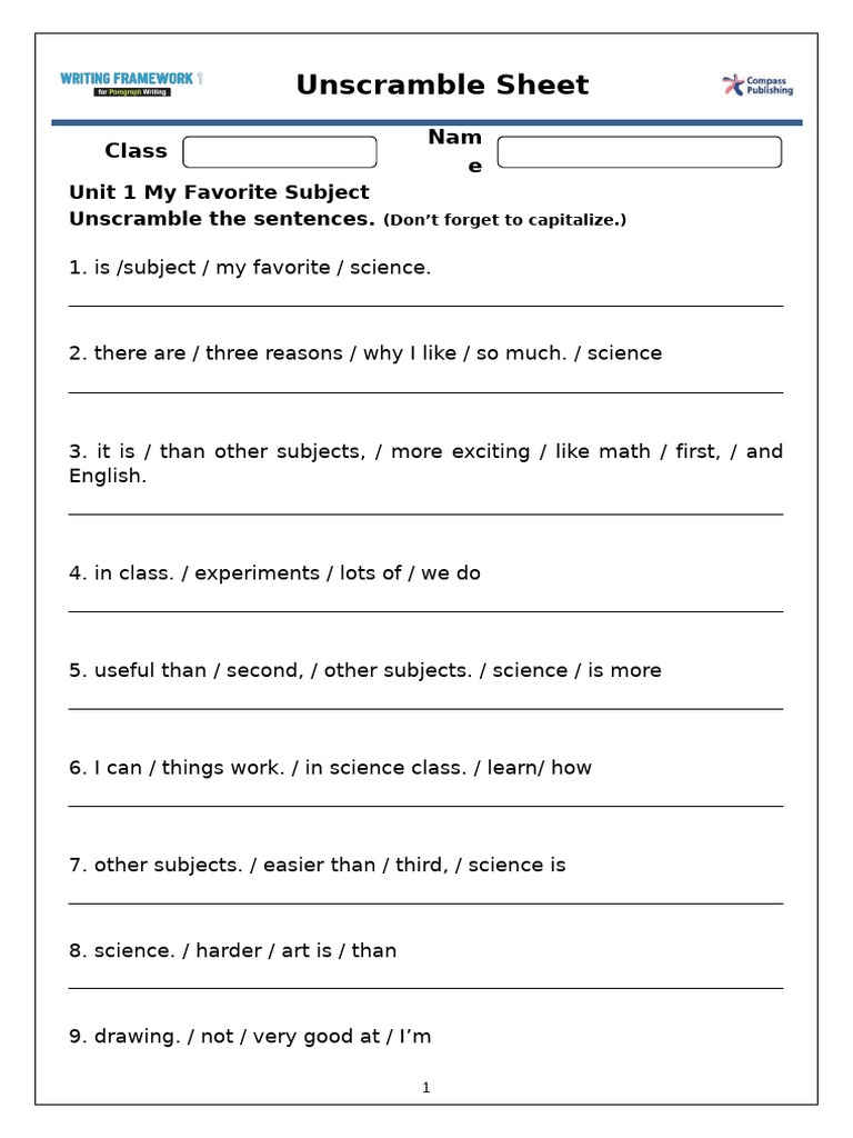 Writing Framework for Paragraph Writing 1_Unscramble Sheet | PDF