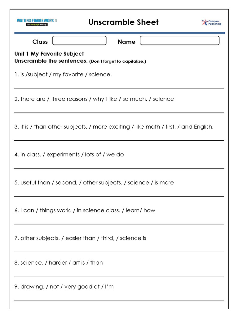 Writing Framework For Paragraph Writing 1 - Unscramble Sheet | PDF