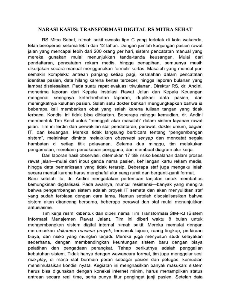 Narasi Kasus - Narasi Kasus Transformasi Digital Rs Mitra Sehat | PDF