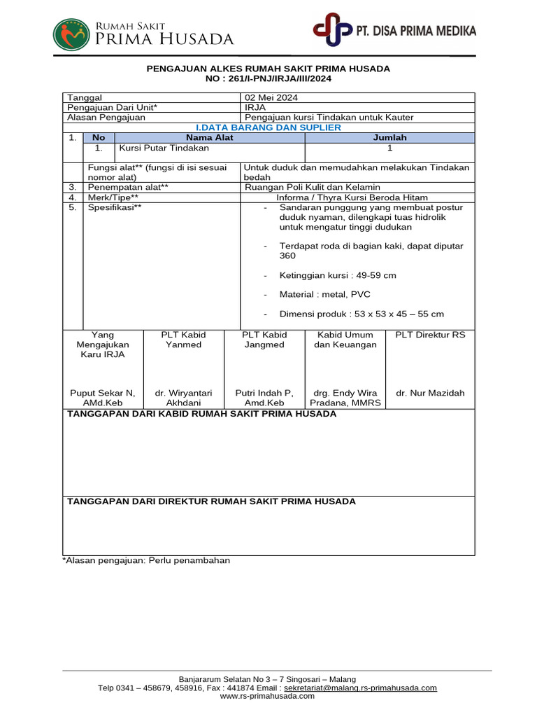Pengajuan kursi tindakan kauter poli kulit | PDF