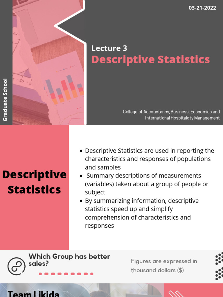 Lecture 3 Descriptive Statistics | PDF | Mean | Median