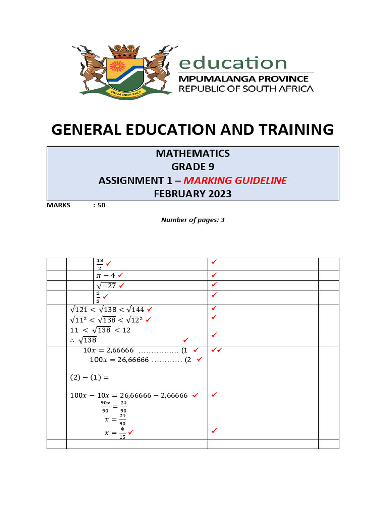Grade 9 Assgn 1 Memo (1) | PDF