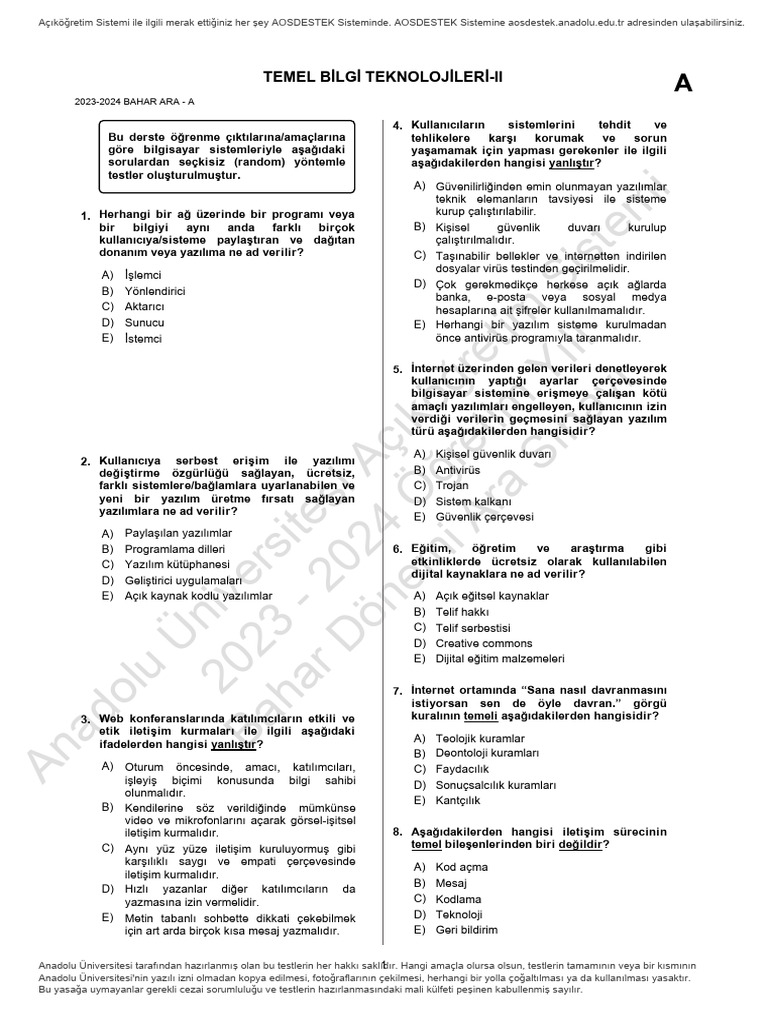 2023 - 2024 Öğretim Yılı Bahar Dönemi Ara Sınavı: Temel Bilgi Teknolojileri-Ii | PDF