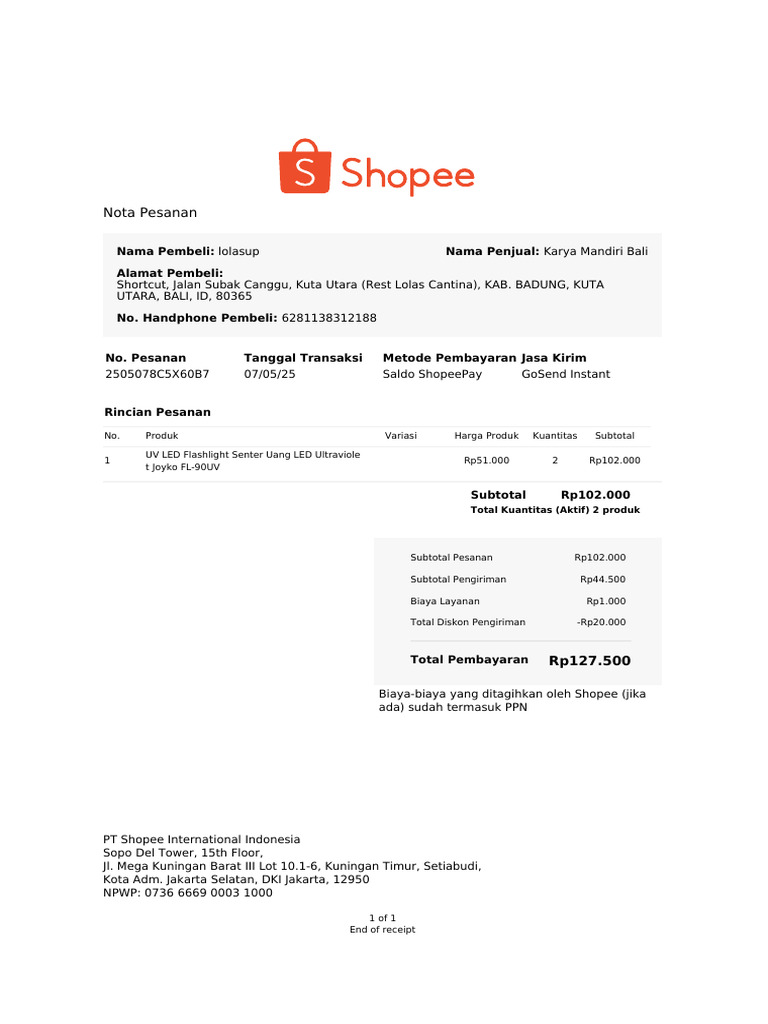 Nota Pembelian Shopee Karya Mandiri Bali | PDF