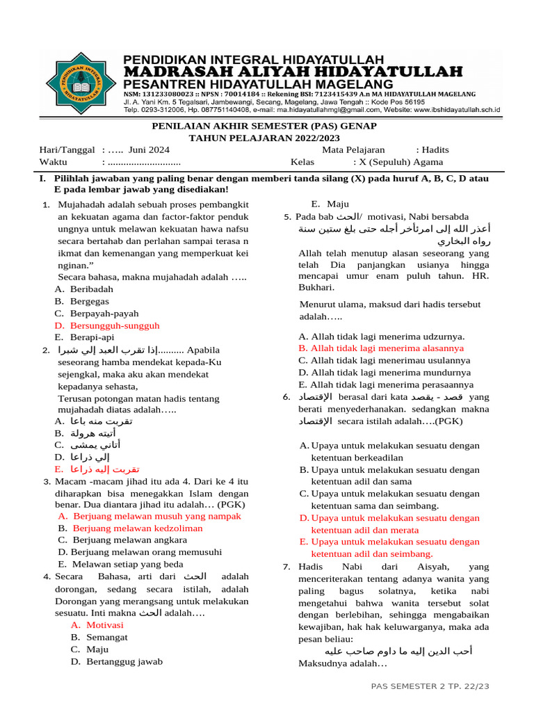 Soal Hadits Pas 2 X 2025 | PDF