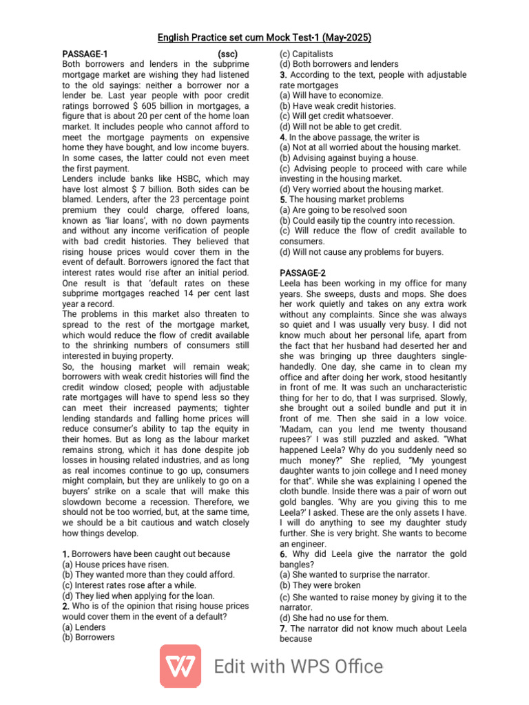 English Practice Set Cum Mock Test-1 (May-2025) | PDF | Mortgages | Credit