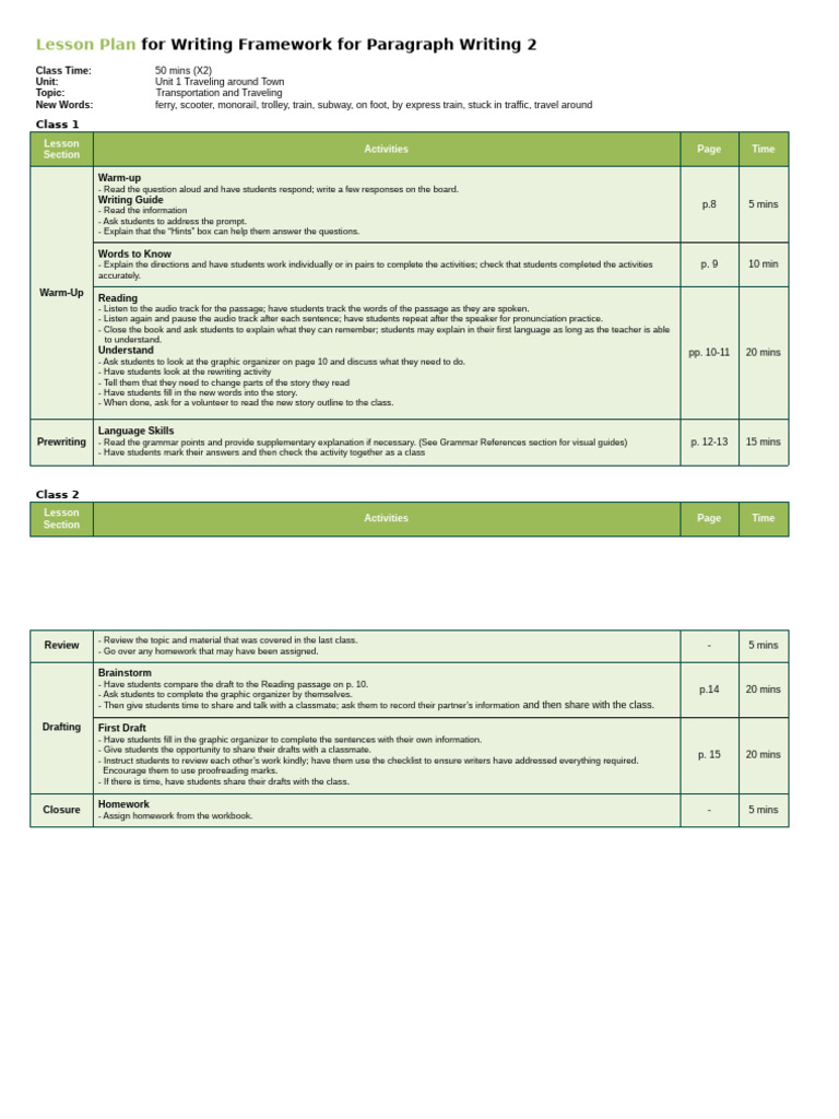 Writing Framework For Paragraph Writing 2 - Lesson - Plan | PDF ...