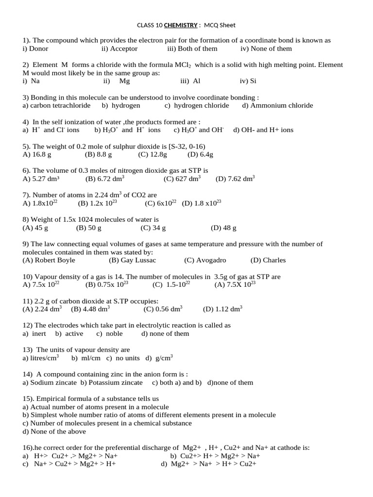 MCQ Sheet Class X Mixed Bag | PDF | Acid | Salt (Chemistry)