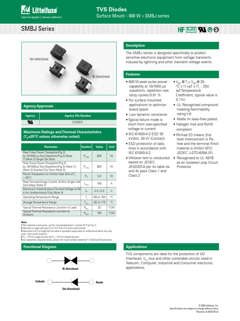 SMBJ Series TVS Diodes Overview | PDF | Diode | Electrostatic Discharge