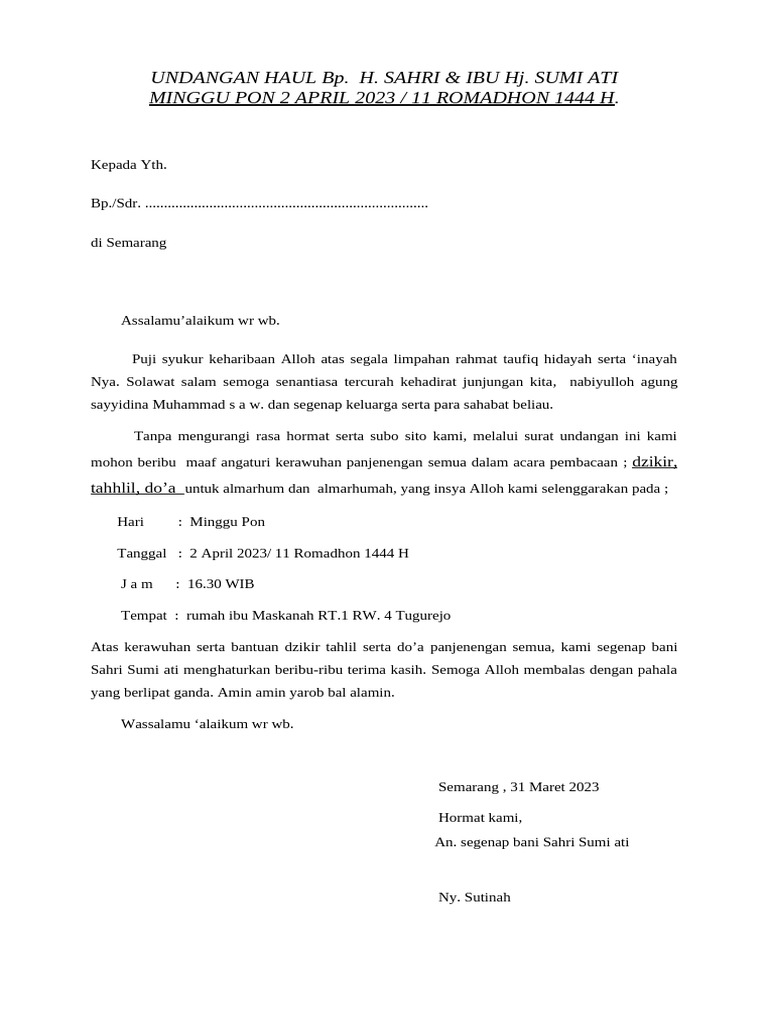 Undangan Haul H. Sahri & Hj. Sumi Ati | PDF
