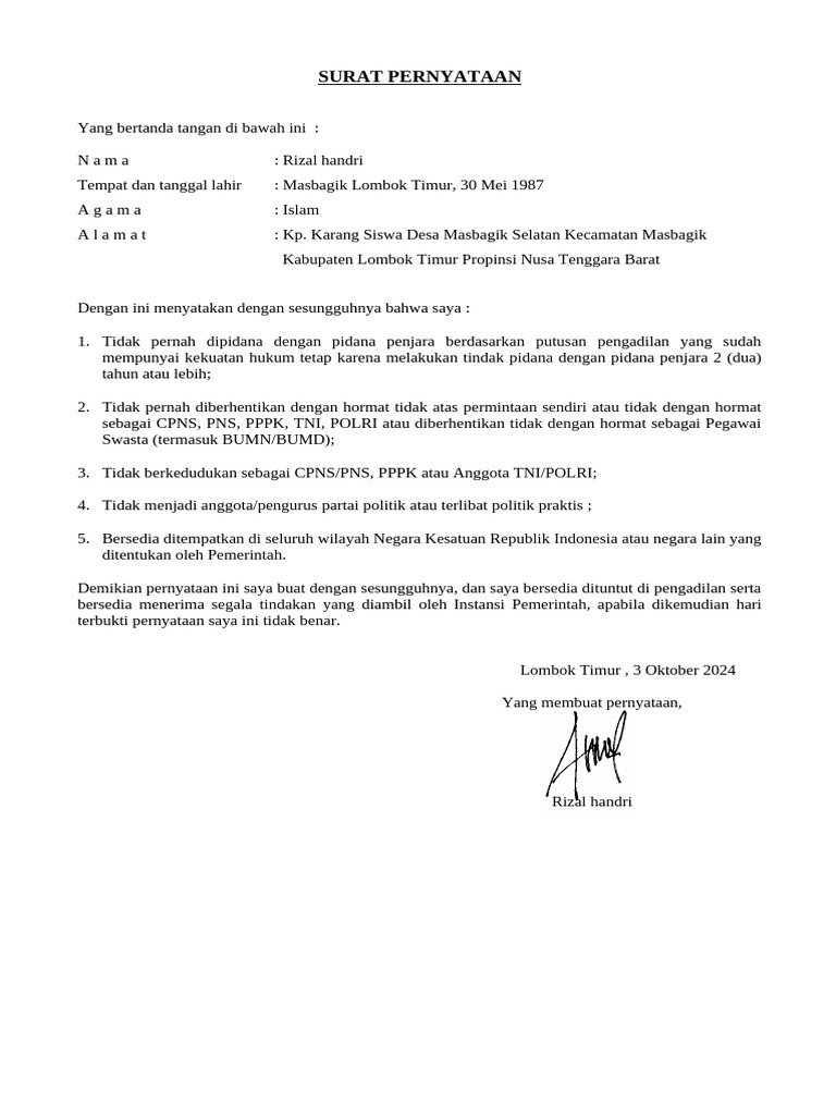 Surat Pernyataan Dan Lamaran PPPK 2024 Rizal Handri | PDF