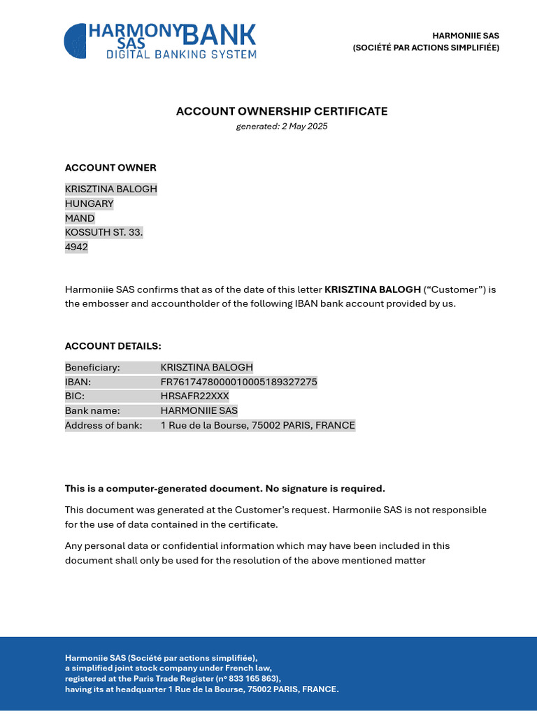 Account Ownership Certificate | PDF