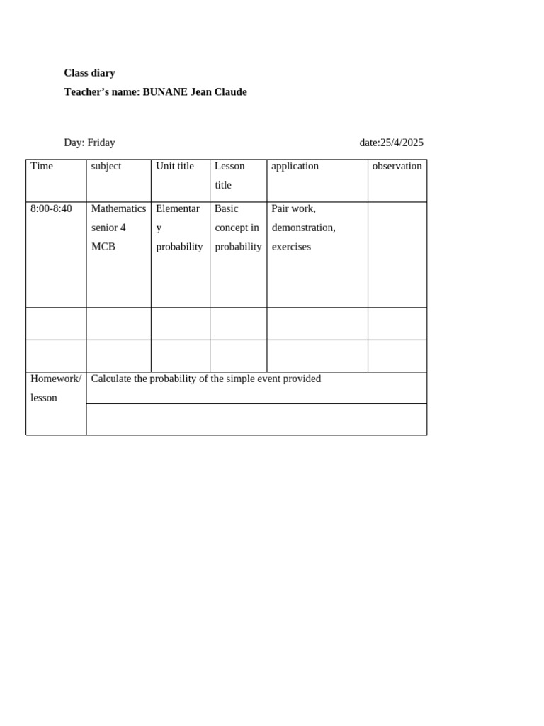 BUNANE Class Diary | PDF