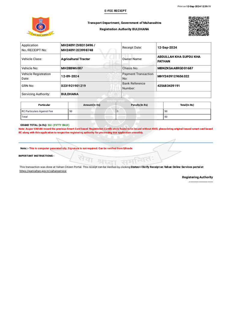VAHAN 4.0 (Citizen Services) SP-MORTH-WS03 175 8000 | PDF | Receipt | Payments