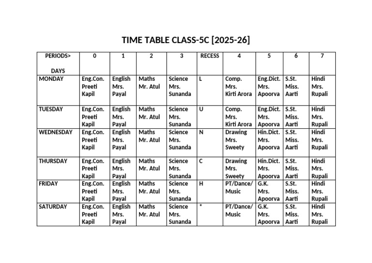 Time Table Class 5C | PDF