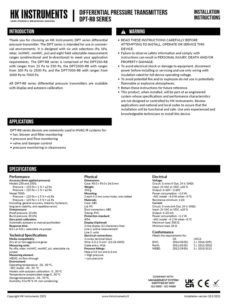 DPT-R8 Series Installation Guide | PDF | Pressure Measurement | Pressure