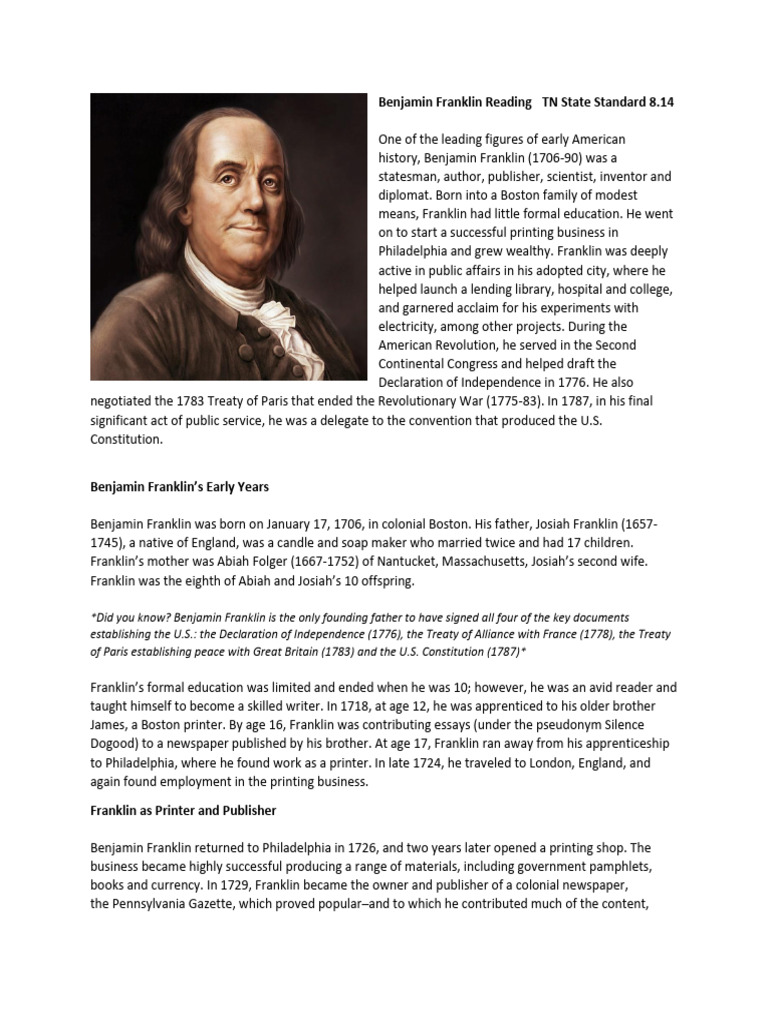 Benjamin Franklin Reading | PDF | Benjamin Franklin | American ...