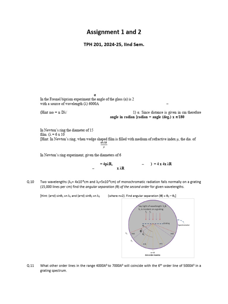 Assignmets 1 and 2 II sem 2024-25 | PDF | Angular Resolution | Diffraction
