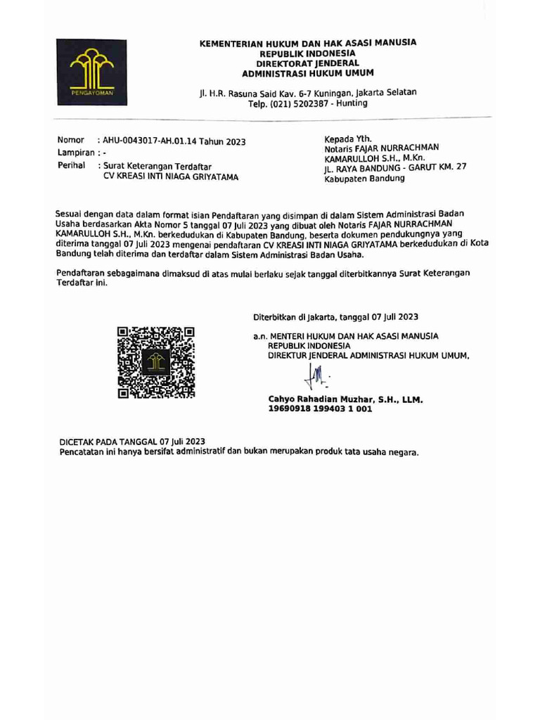 Scan SK Menkumham CV Kreasi Inti Niaga Griyatama | PDF